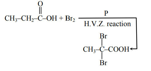 Propionic acid with Br2 /P yields a dibromo product. Its structure would be