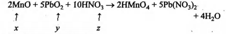 In the redox reaction xMnO+yPbO2+zHNO3 → HMnO4+pb(NO3)2+H2O