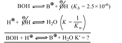 If the equilibrium constant of BOH leftharpoons B ⊕ + overset ominus O ...