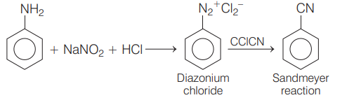 Which of the following reaction leads to the formation of benzonitrile?