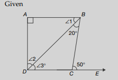In the given figure, A B|| C D, angle D B C=20° angle D A B=90° and angle B C E=50° then