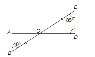 In the given figure, overlineA D and overlineB E intersect at C, such that B C=C E, angle A B C ...