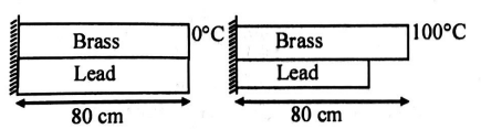 A brass rod and a lead rod each 80.00 cm long at 0° C are clamped ...