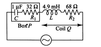 A box P and a coil Q are connected in series with an ac source of variable frequency. The emf of ...