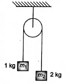 Two masses m1=1 kg and m2= 2 kg are connected by a light inextensible string and suspended by ...