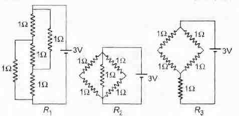 Figure shows three resistor configurations R1, R2 and R2 connected to 3 V battery. If the power ...
