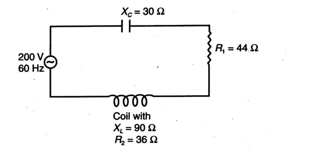 As given in the figure, a series circuit connected across a 200 V , 60 Hz line consists of a ...