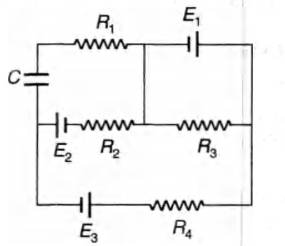 In the given circuit, E1=3E2=2E3=6V and R1= 2 R4=6 Ω , R3= 2 R2= 4 Ω, C ...