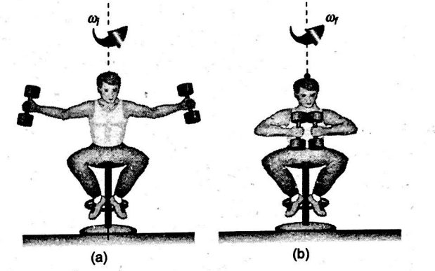 A man sits on a freely rotating stool holding two dumbbells, each of ...