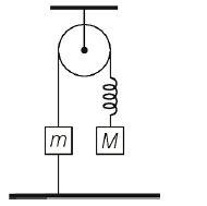 An arrangement of spring, strings, pulley and masses is shown in the ...