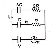 In the circuit shown, switch S is closed at t=0. Let i1 and i2 be the ...