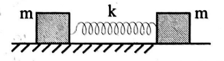 Two blocks each of mass m =1 kg are connected to the spring of spring ...