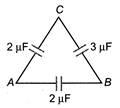 Three capacitors are connected in the arms of a triangle ABC as shown ...