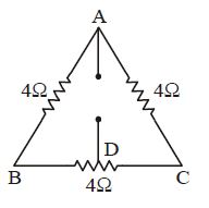 Three resistances of 4 Ω each are connected as shown in figure. If the ...