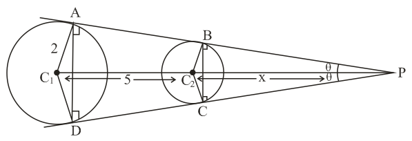 Centres of two circles having radius 2 and 1 units respectively are 5 ...