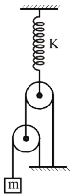 A block of mass m is connected with two ideal pulley and a massless spring of spring constant K ...