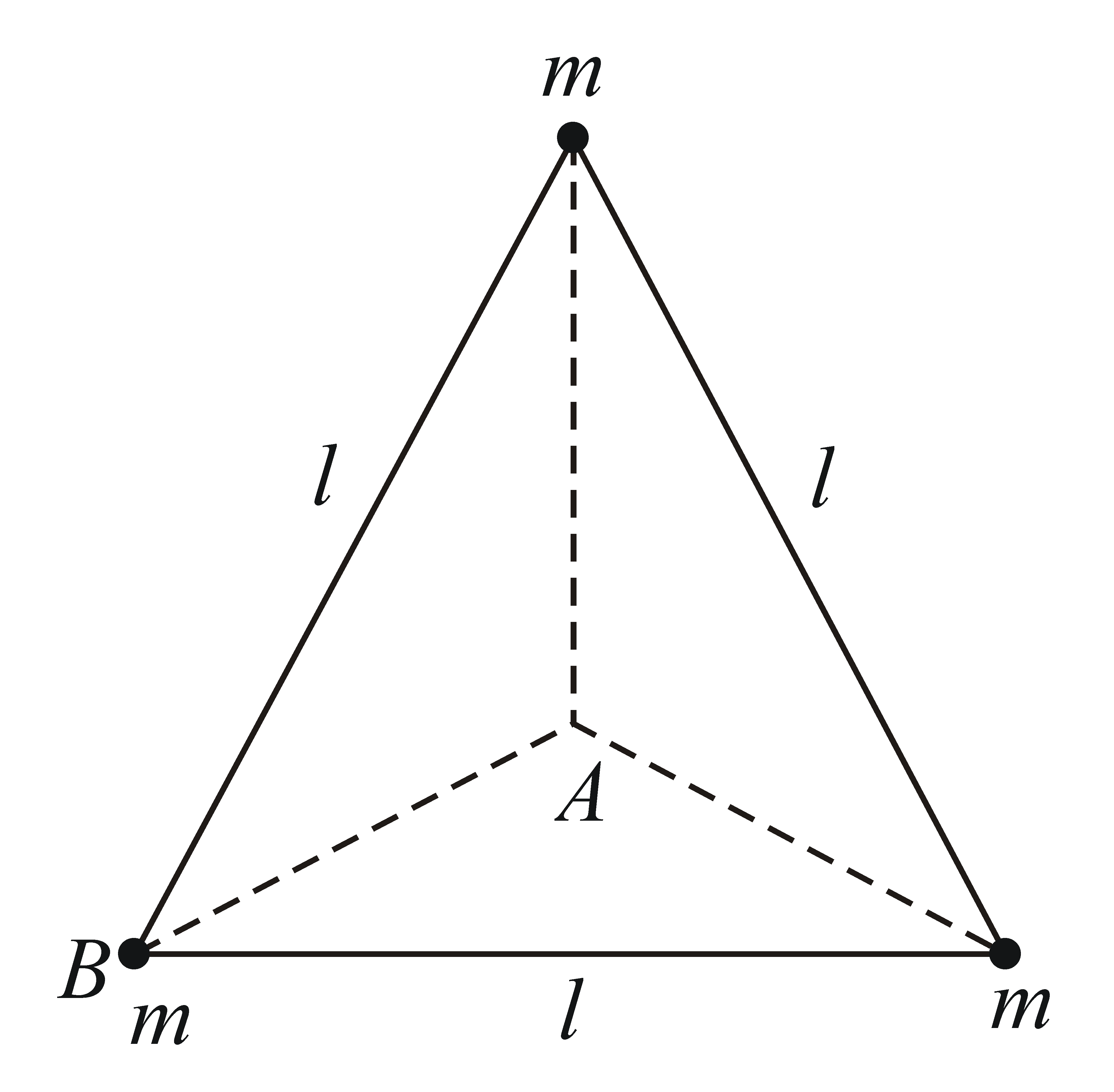 Three equal masses m are rigidly connected to each other by massless ...