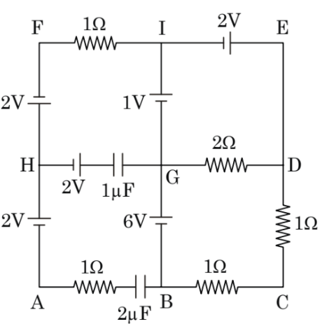 Ideal batteries, two capacitors and five resistors are connected in a ...