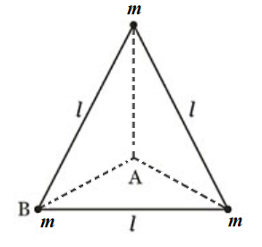 Three equal masses m are rigidly connected to each other by massless ...