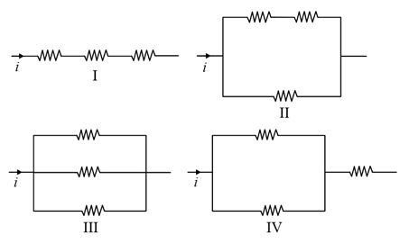 Three resistors of equal resistance are arranged in four different ...