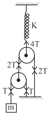 A block of mass m is connected with two ideal pulley and a massless spring of spring constant K ...