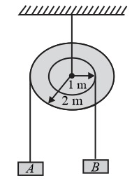 The pulley system, shown in the figure, has two pulleys of radii 2 m ...